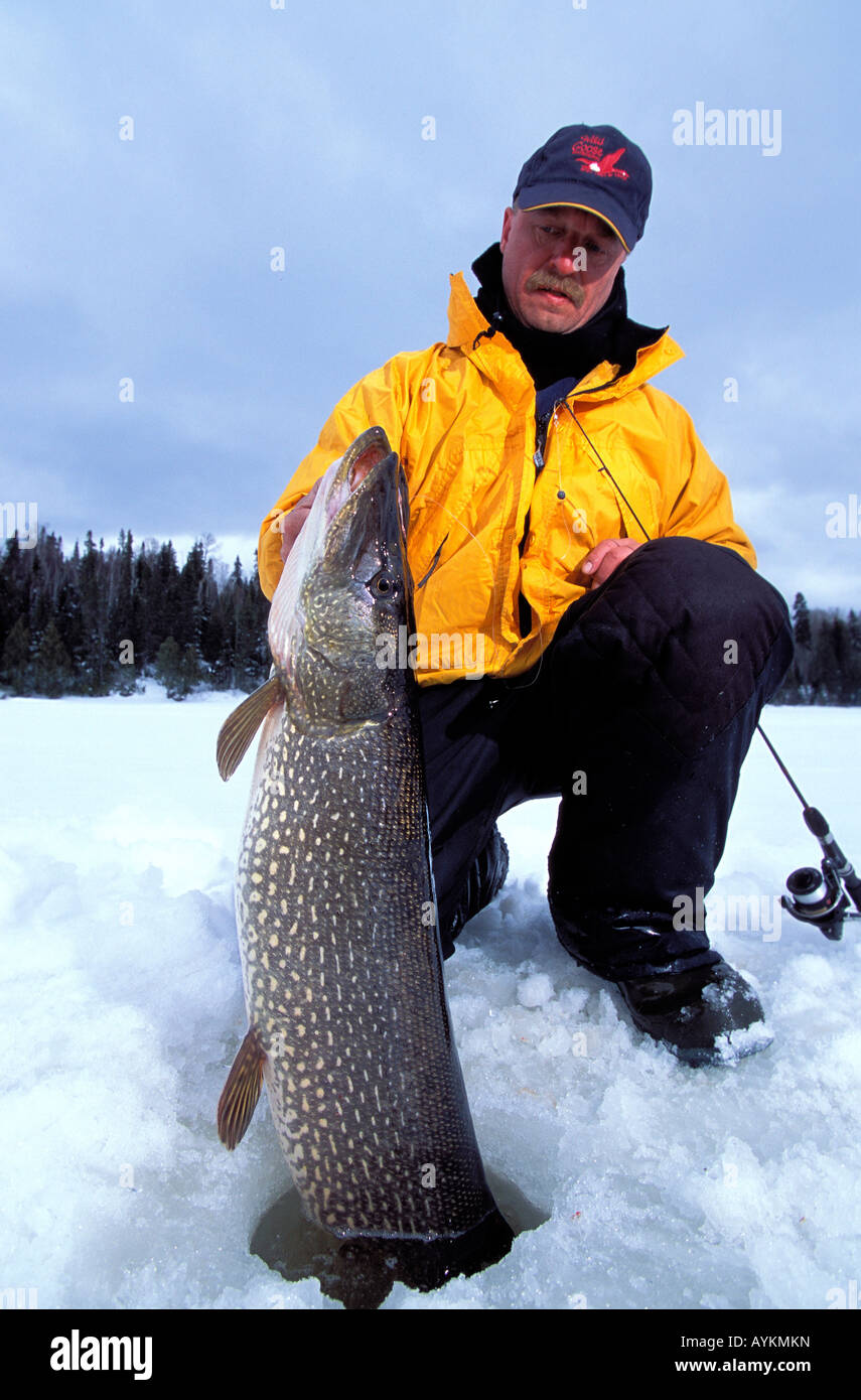 man with big winter pike caught through ice Stock Photo - Alamy
