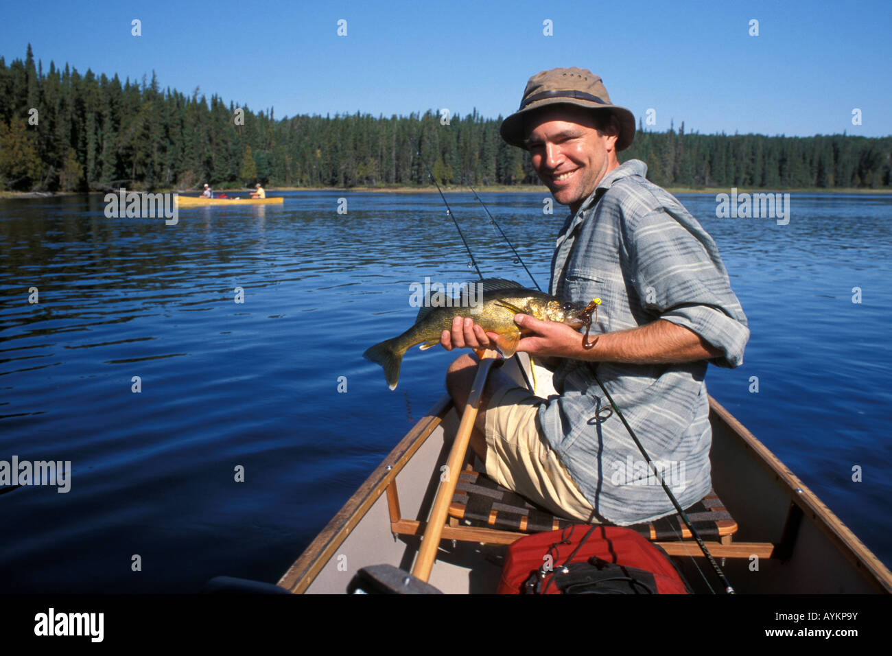 man in canoe with walleye Stock Photo - Alamy