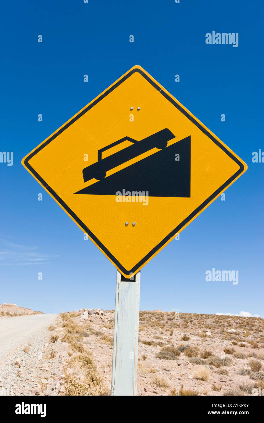 Road sign on high altitude desert road in the Atacama desert in Chile ...