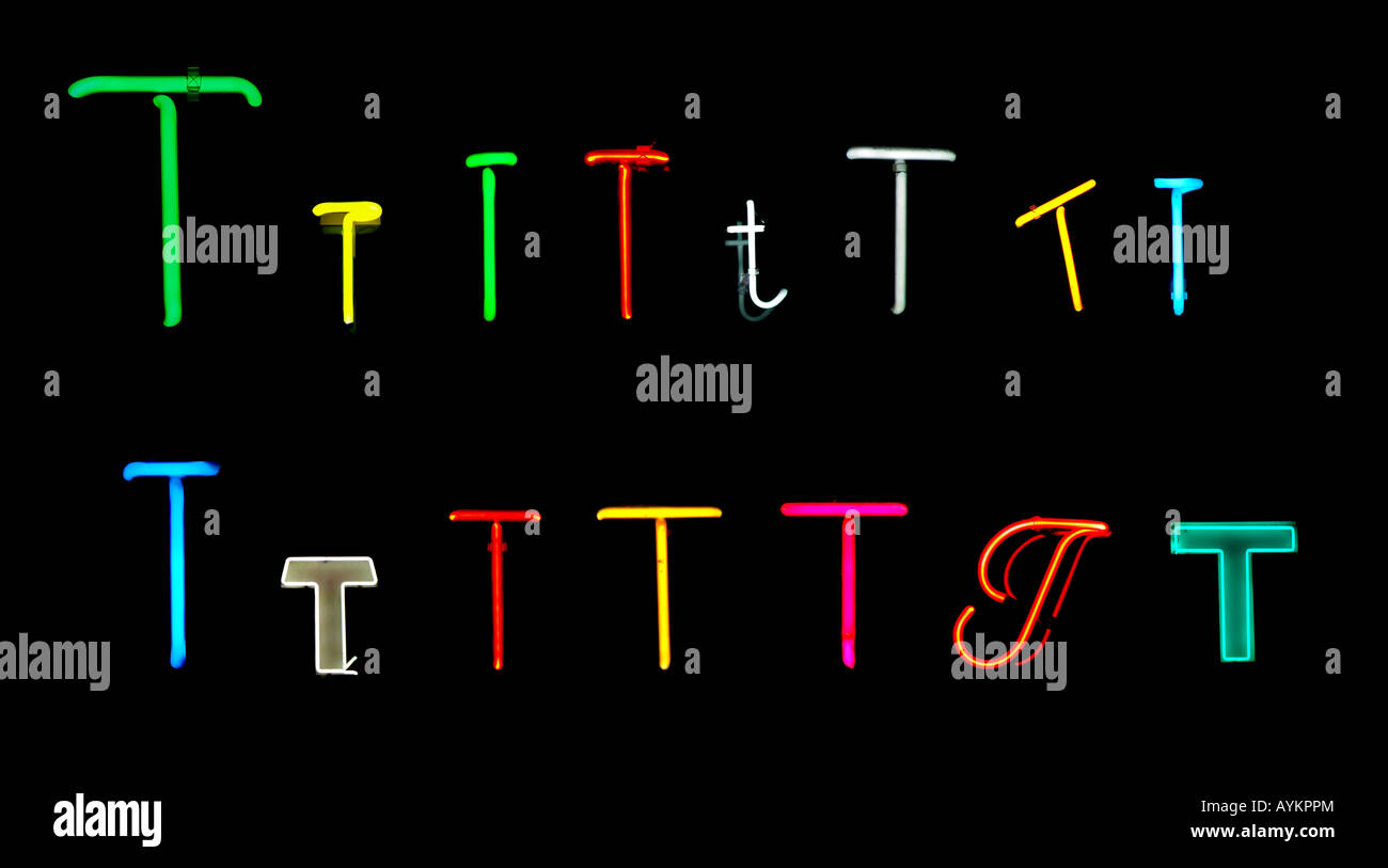 Neon letters T collected from neon signs for design elements Stock ...