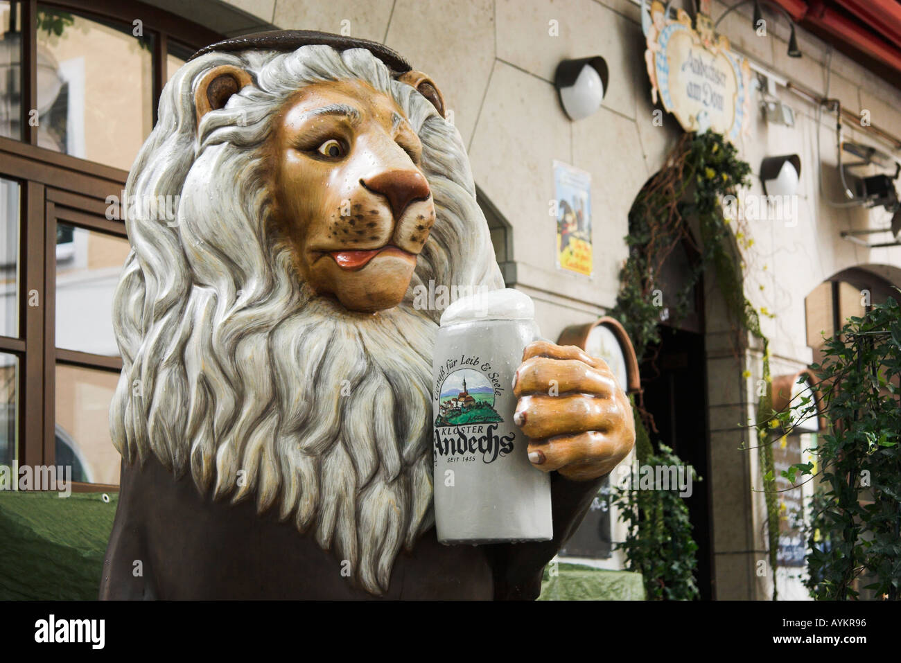 Painted sculpture of Bavarian Lion dressed like monk outside a ...