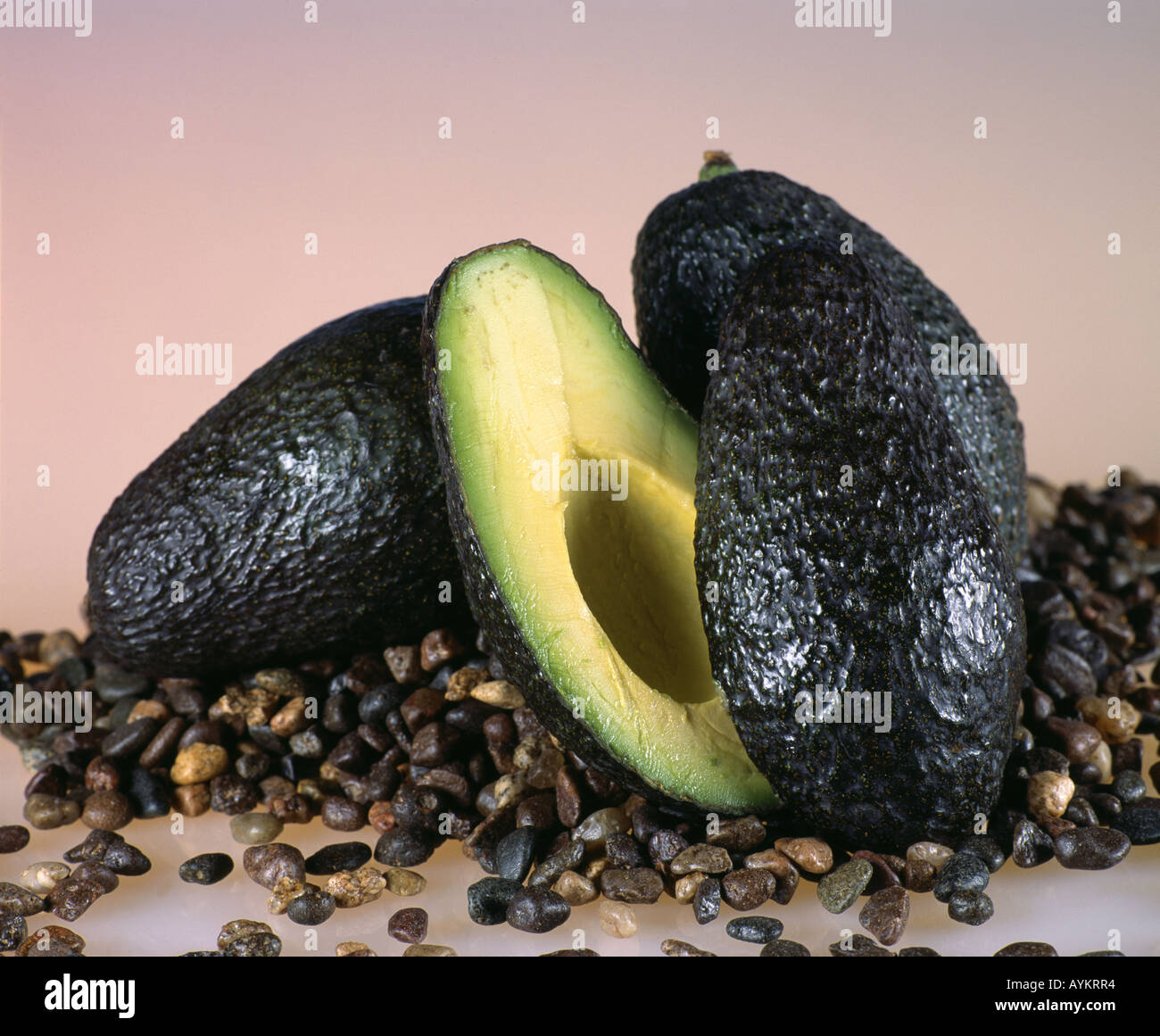 AVOCADO CUT IN HALF SHOWING SEED AND MEAT STUDIO (PERSEA AMERICANA ...