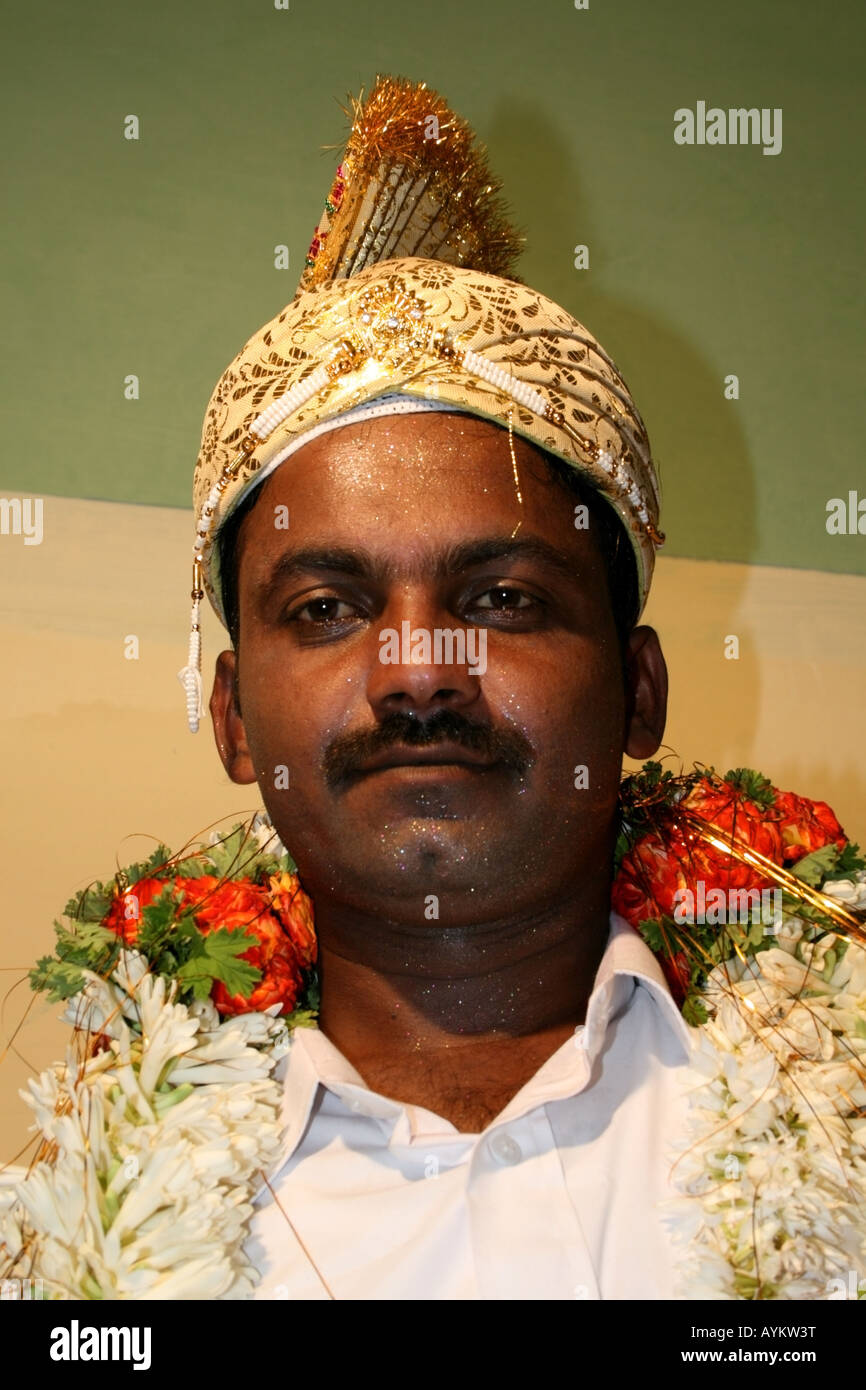 Portrait of Muslim groom dressed for his wedding , Tamil Nadu , India ...