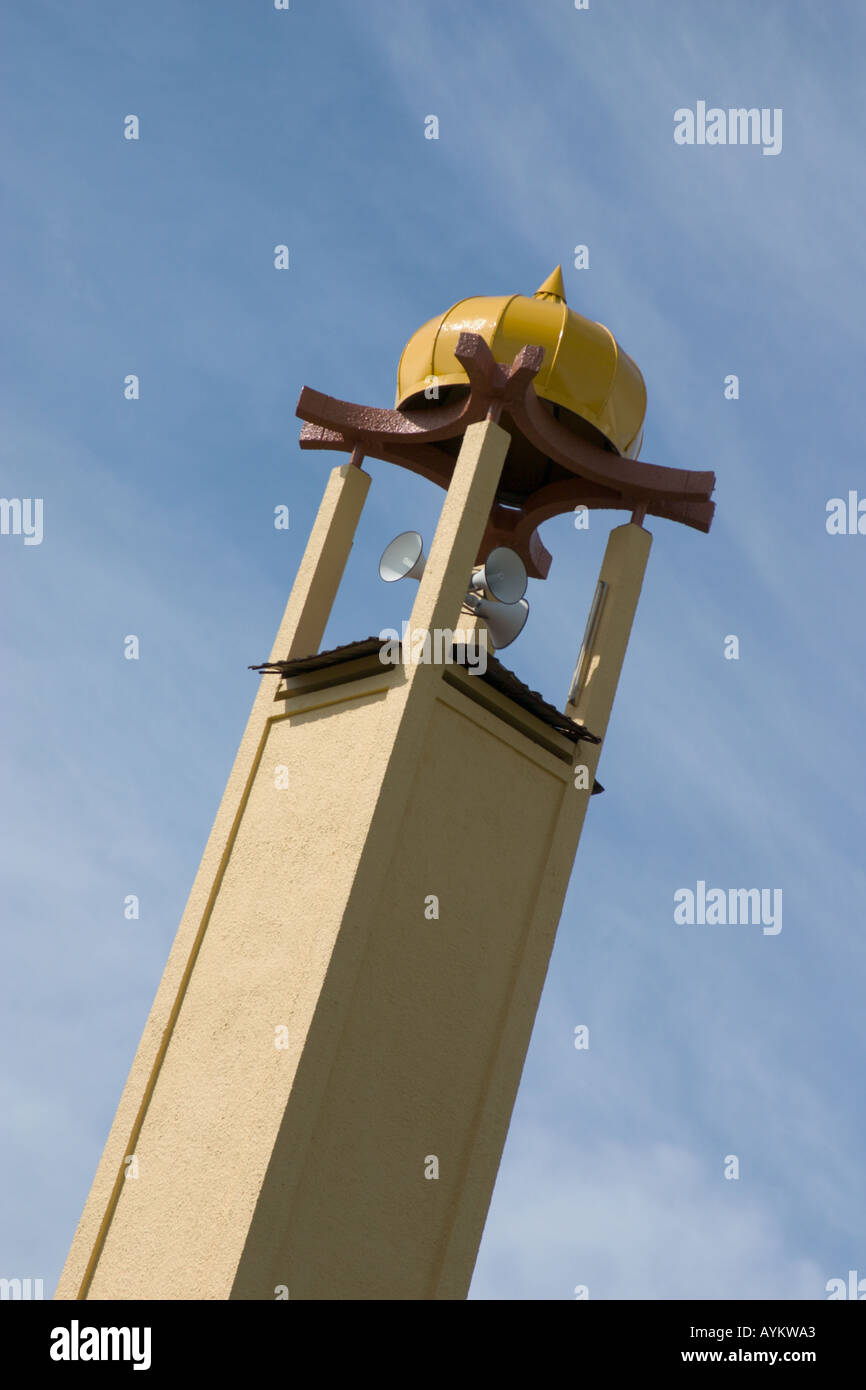 closeup of mosque minaret showing loudspeakers used to call for prayers ...