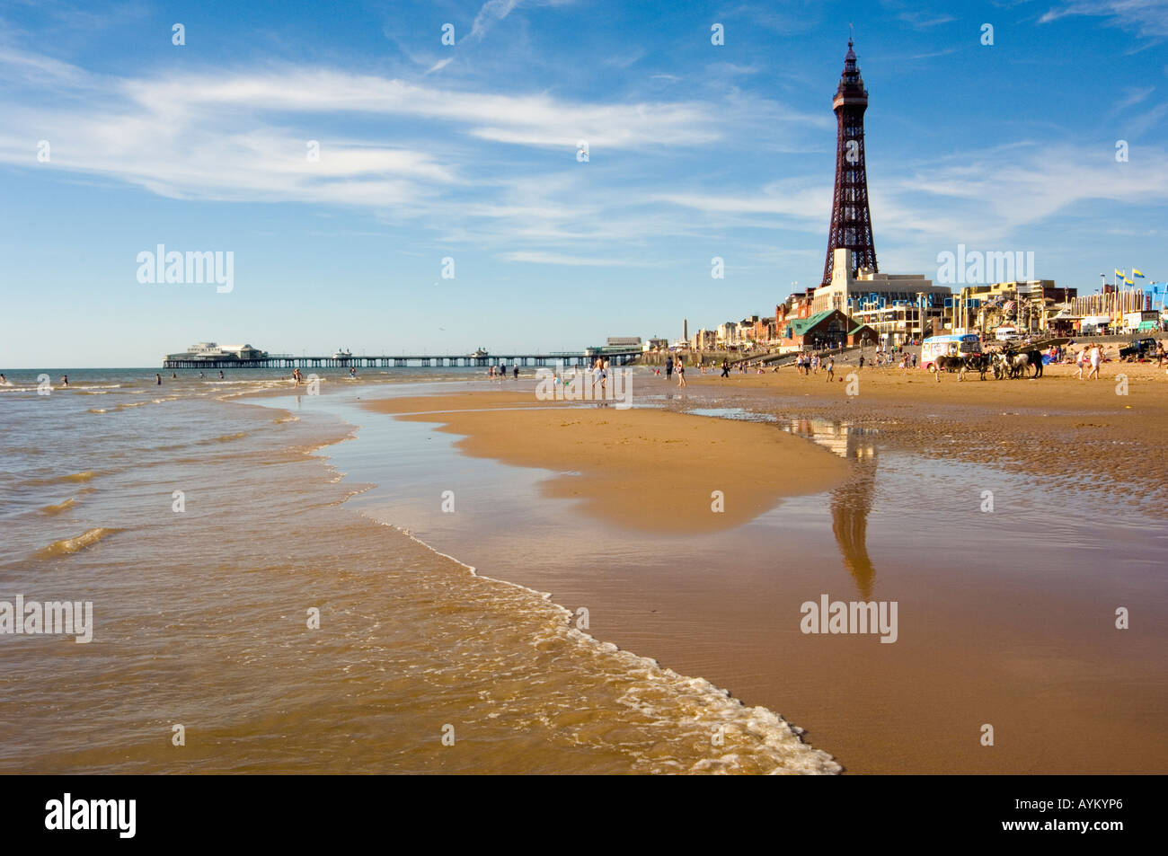 Beach at Blackpool with Blackpool Tower and North Pier in the distance ...