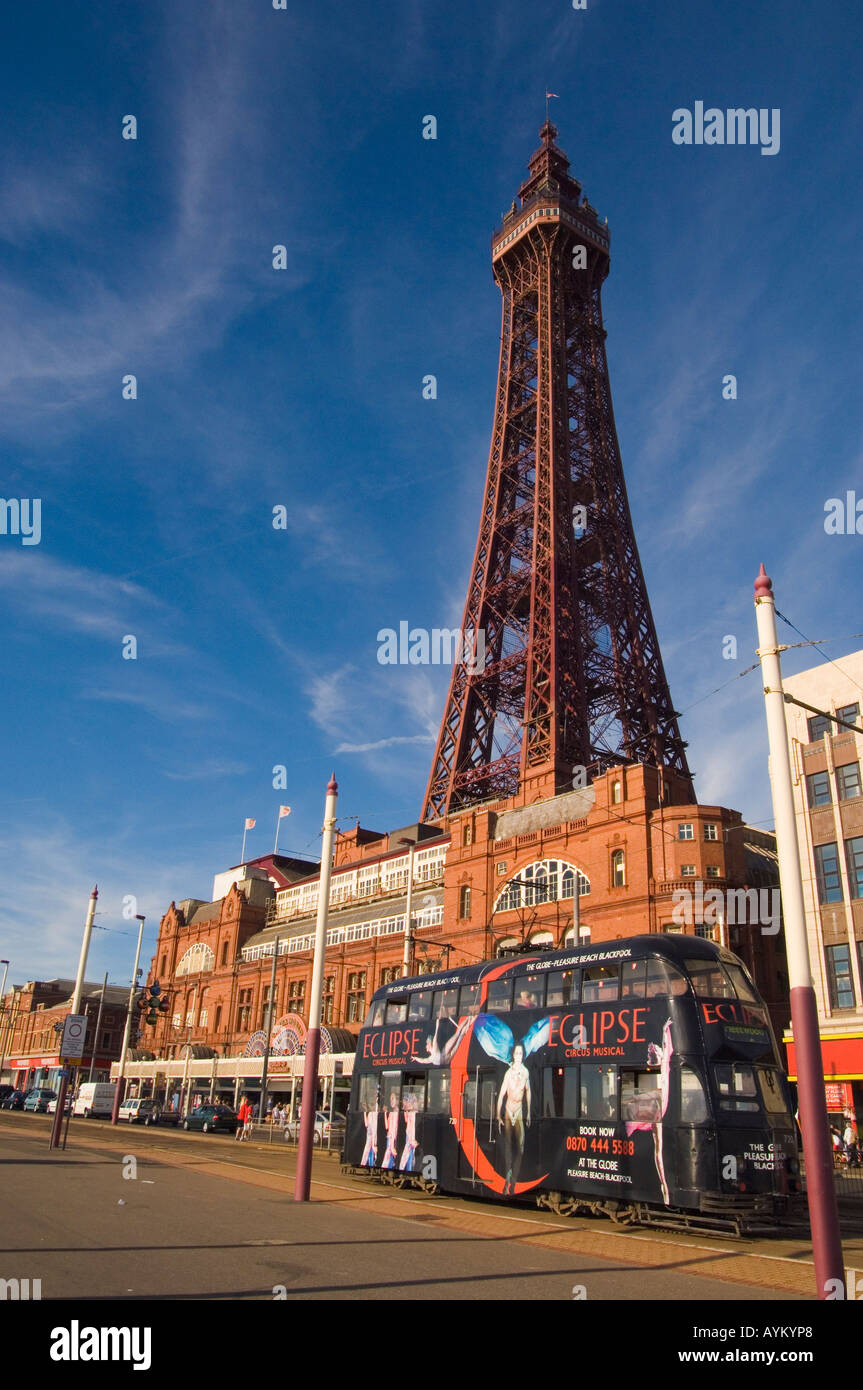 Tram on Britain s oldest tram network at Blackpool with Blackpool Tower ...