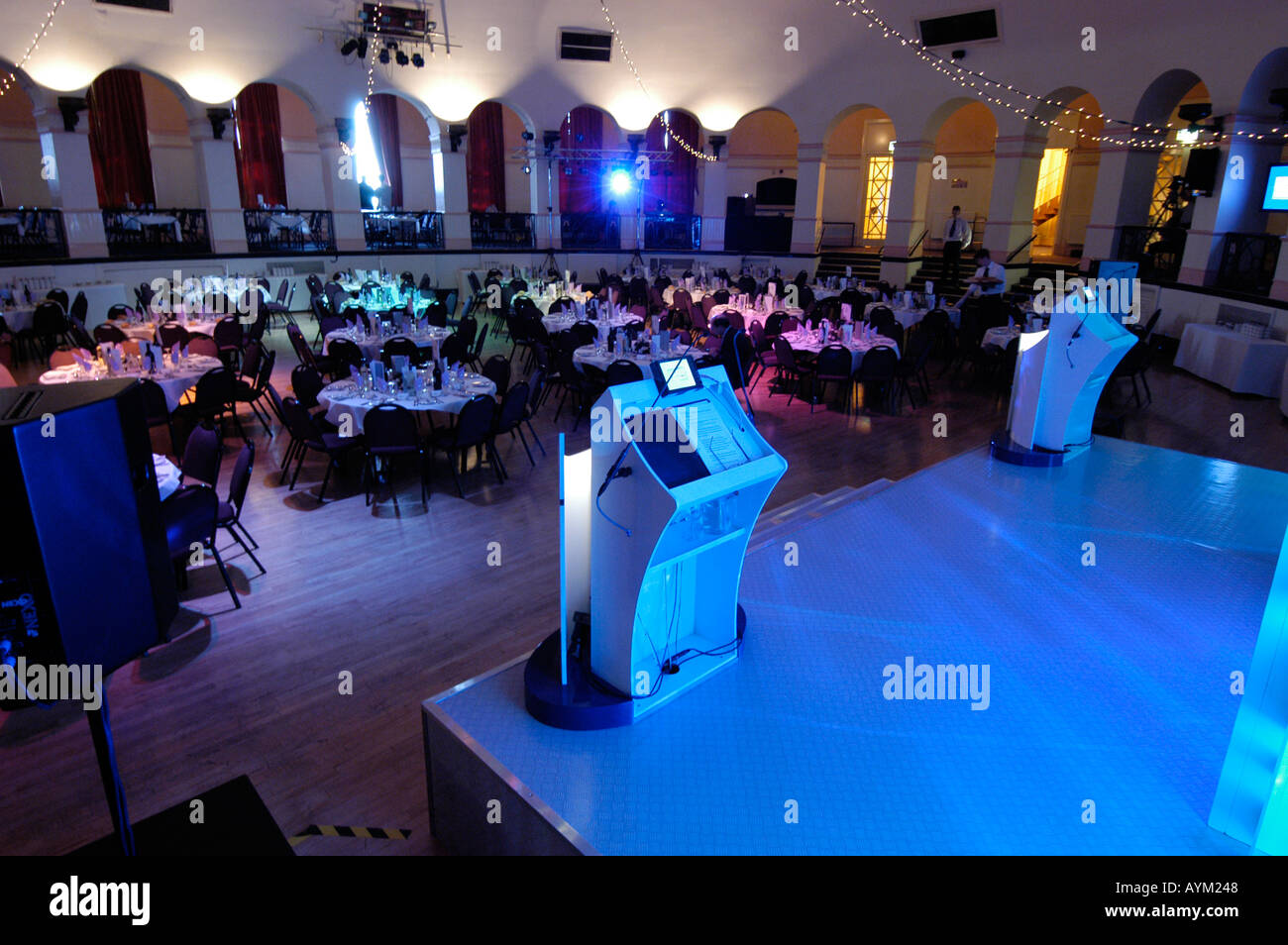 Function Room set up for an award lunch seen from behind the podium ...