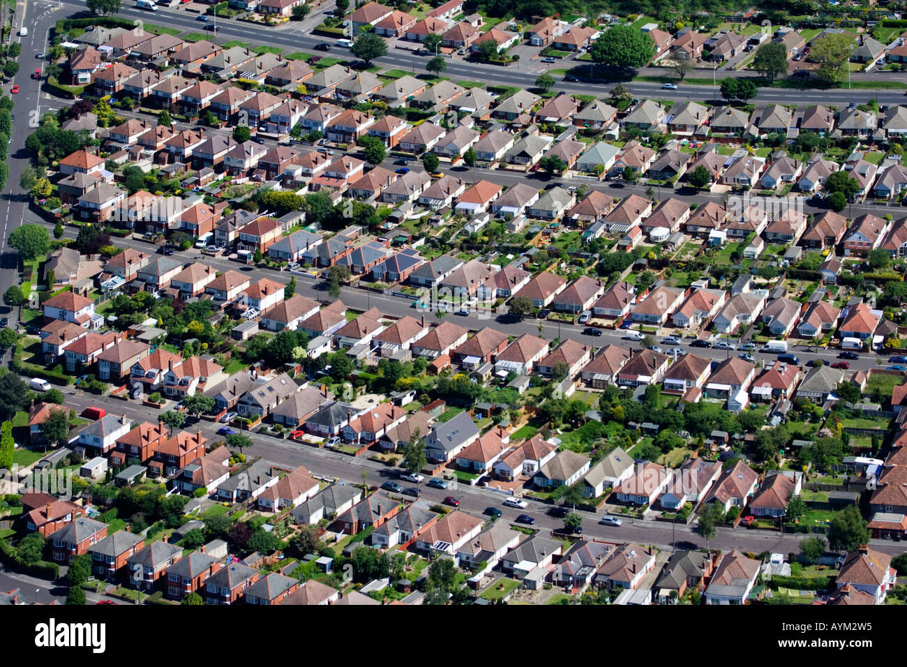 Aerial view. Detached houses and bungalows. Suburbs of Bournemouth ...