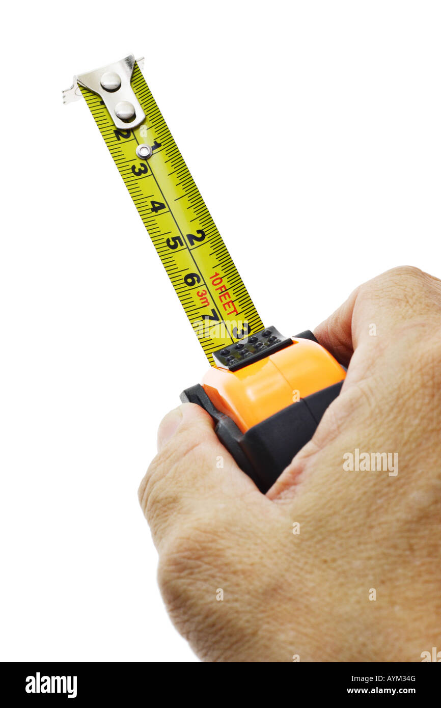 Hand holding measuring tape on white background Stock Photo - Alamy