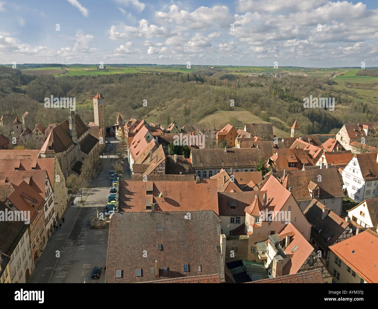 overview to the old town with landscape and red roofs in medieval town ...