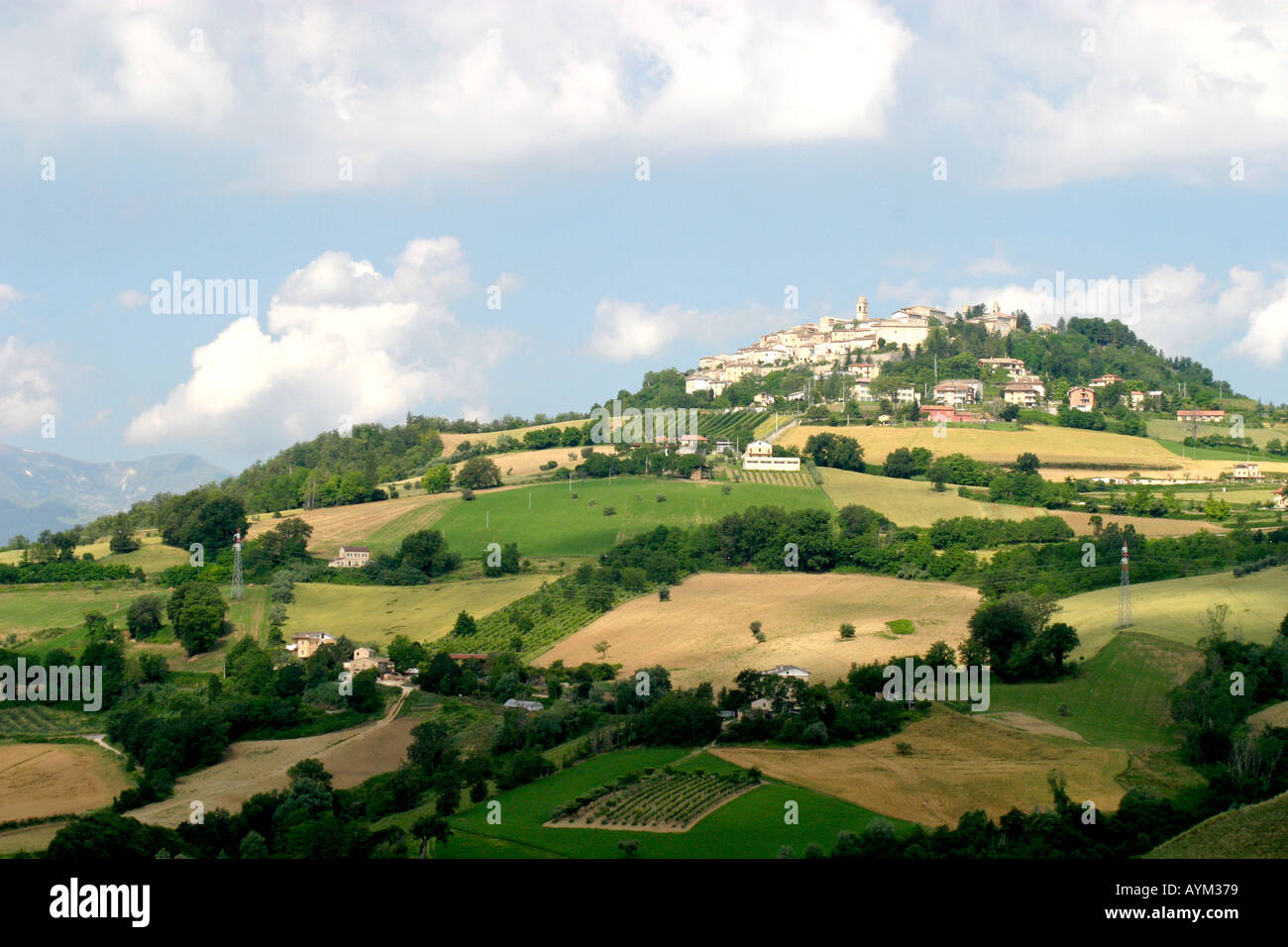 Distant view of Monte San Martino a hill town in the Le Marche province ...