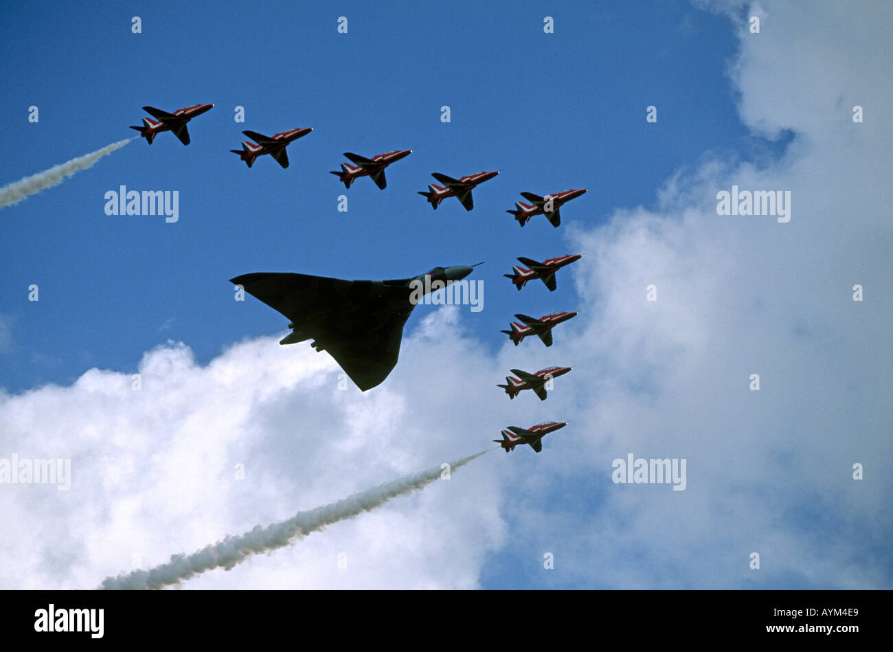 Red Arrows flying with Avro Vulcan Farnborough Airshow England Uk Stock ...