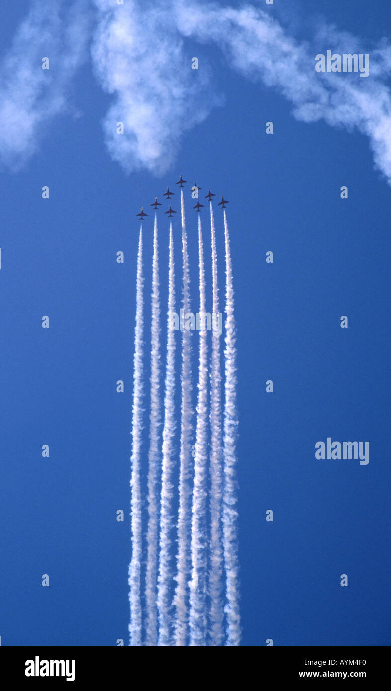 Red Arrows Hawk aircraft against blue sky Airshow Farnborough Airshow ...