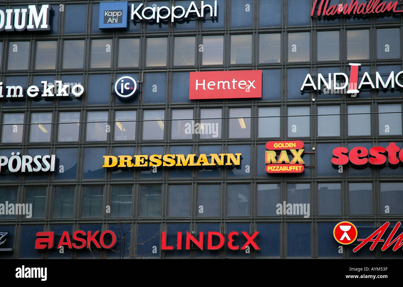 Finnish shop signs outside the Forum Shopping Centre Helsinki Finland ...