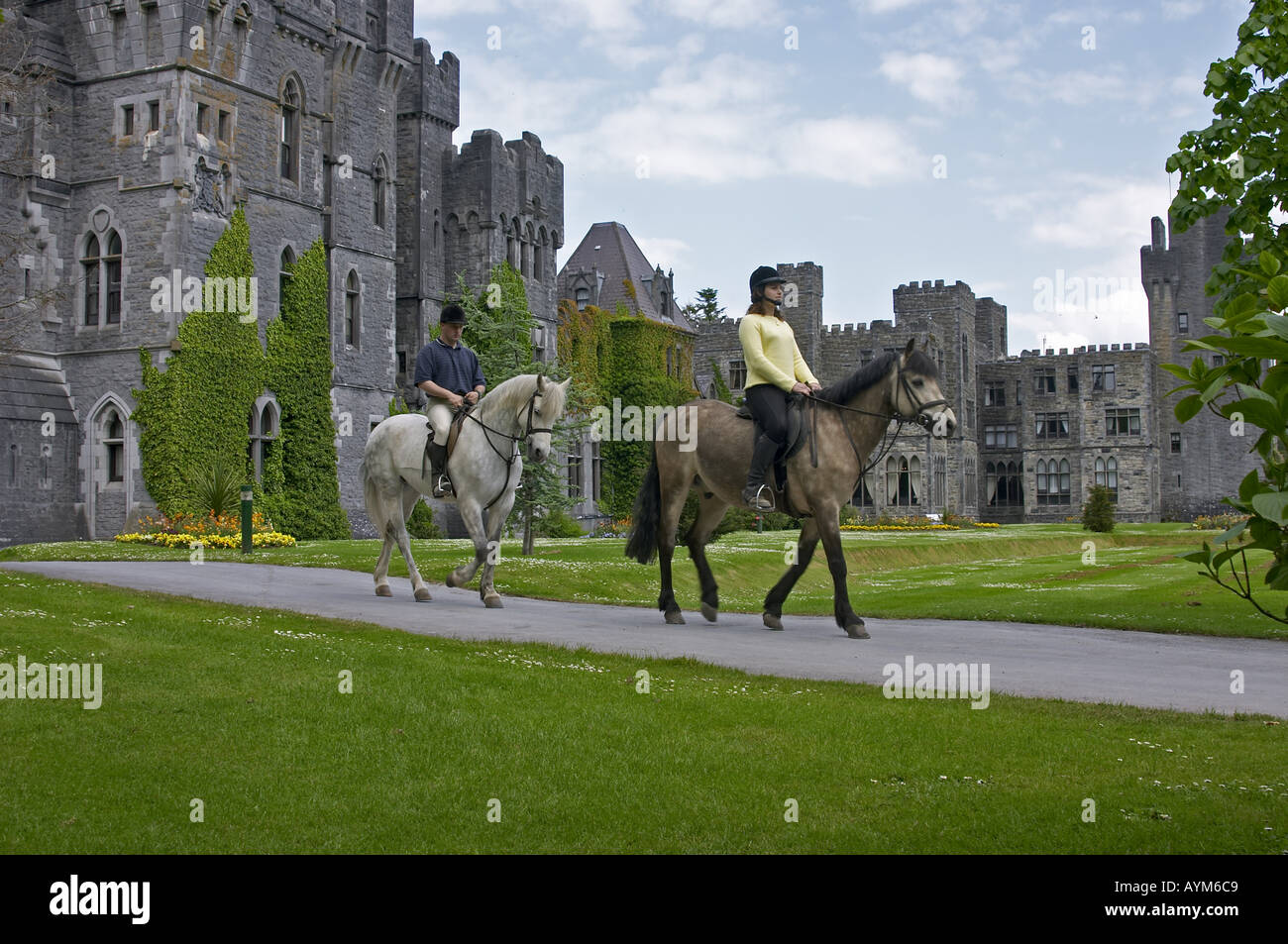 Horse riding in front of Ashford Castle Cong Co Mayo Ireland Stock ...