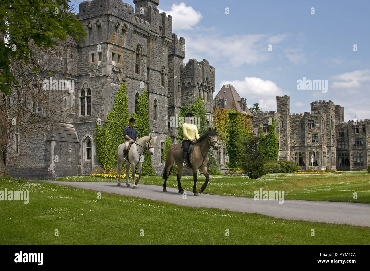 Horse riding in front of Ashford Castle Cong Co Mayo Ireland Stock ...