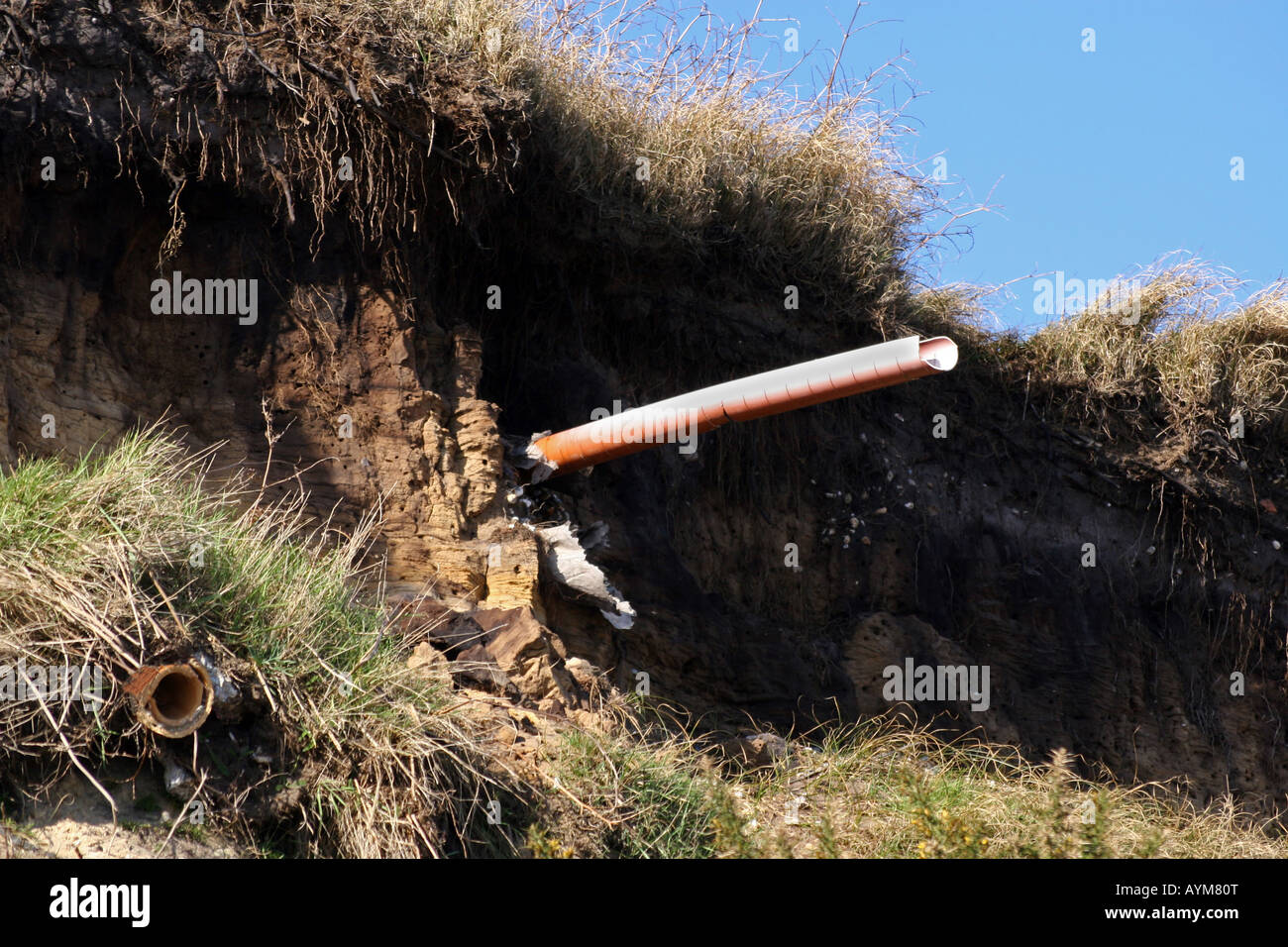 A ONCE BURIED PIPE EXTENDS FROM THE ERODED CLIFF FACE AT DUNWICH ...