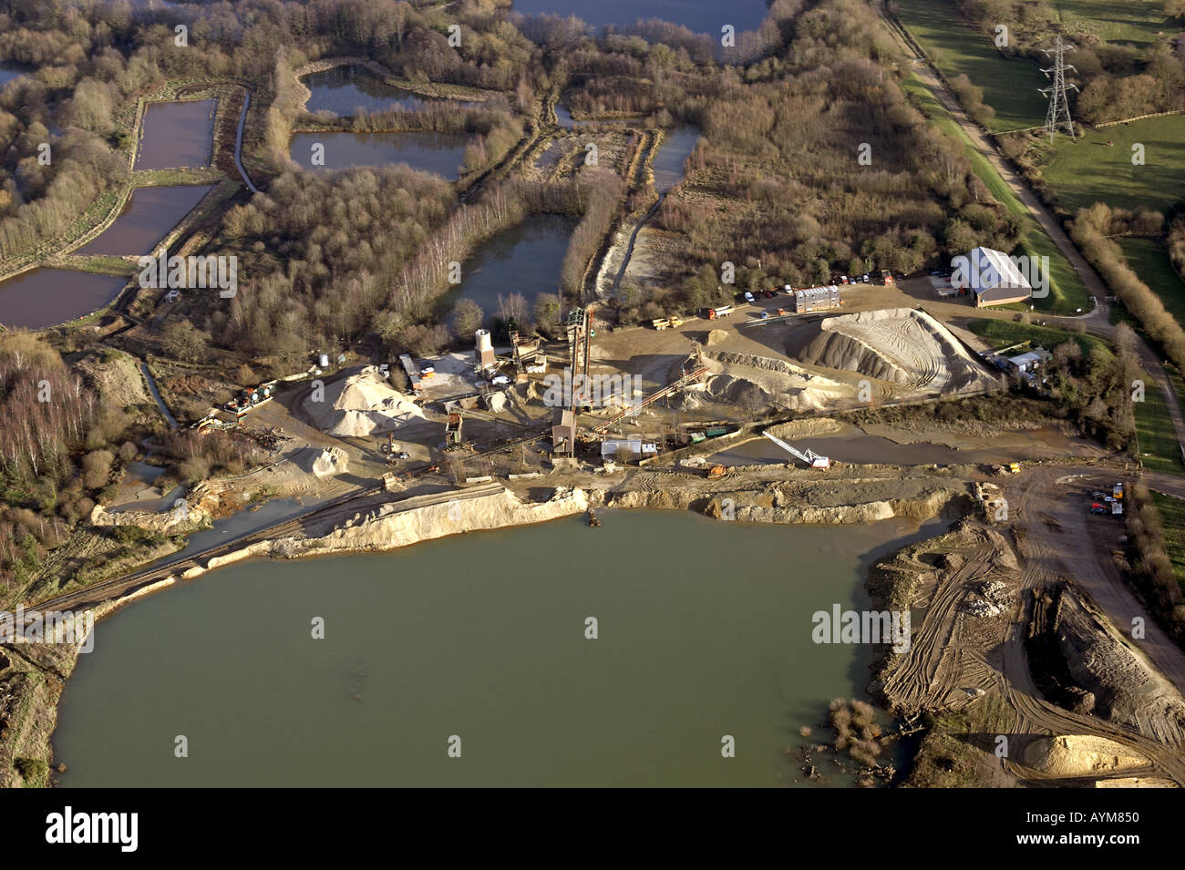 Aerial view of lakes and sand and gravel pit quarry near Yateley ...