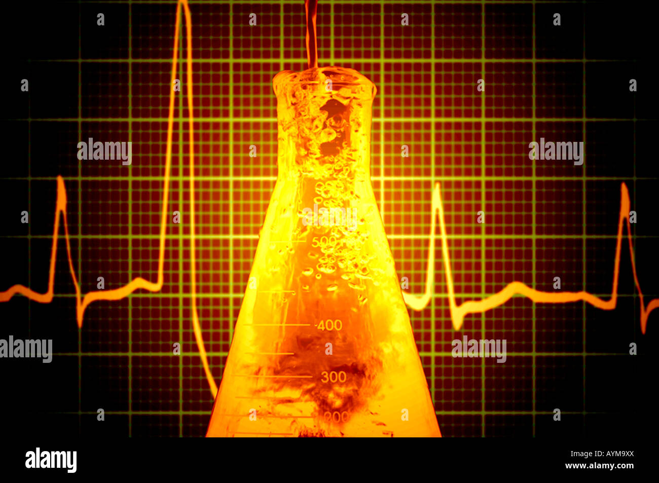 Erlenmeyer beaker with liquid and EKG background flask Stock Photo - Alamy