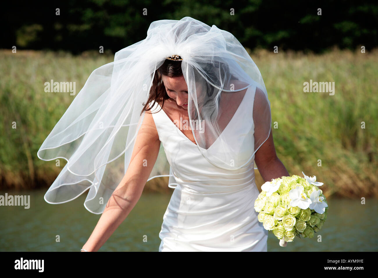 Bride with wind in her veil Stock Photo - Alamy
