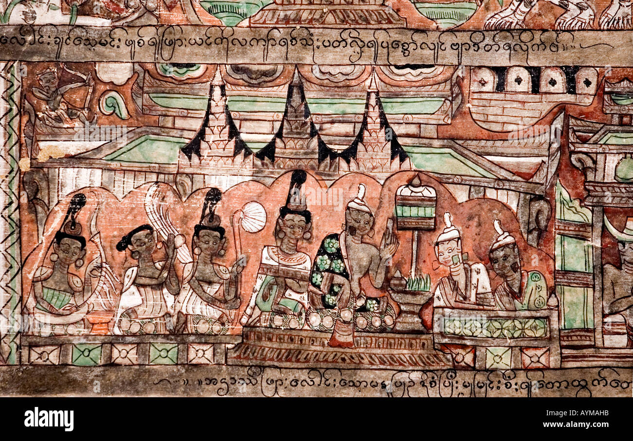 Stock photograph of a mural depicting royal life at the Hpo Win Daung ...