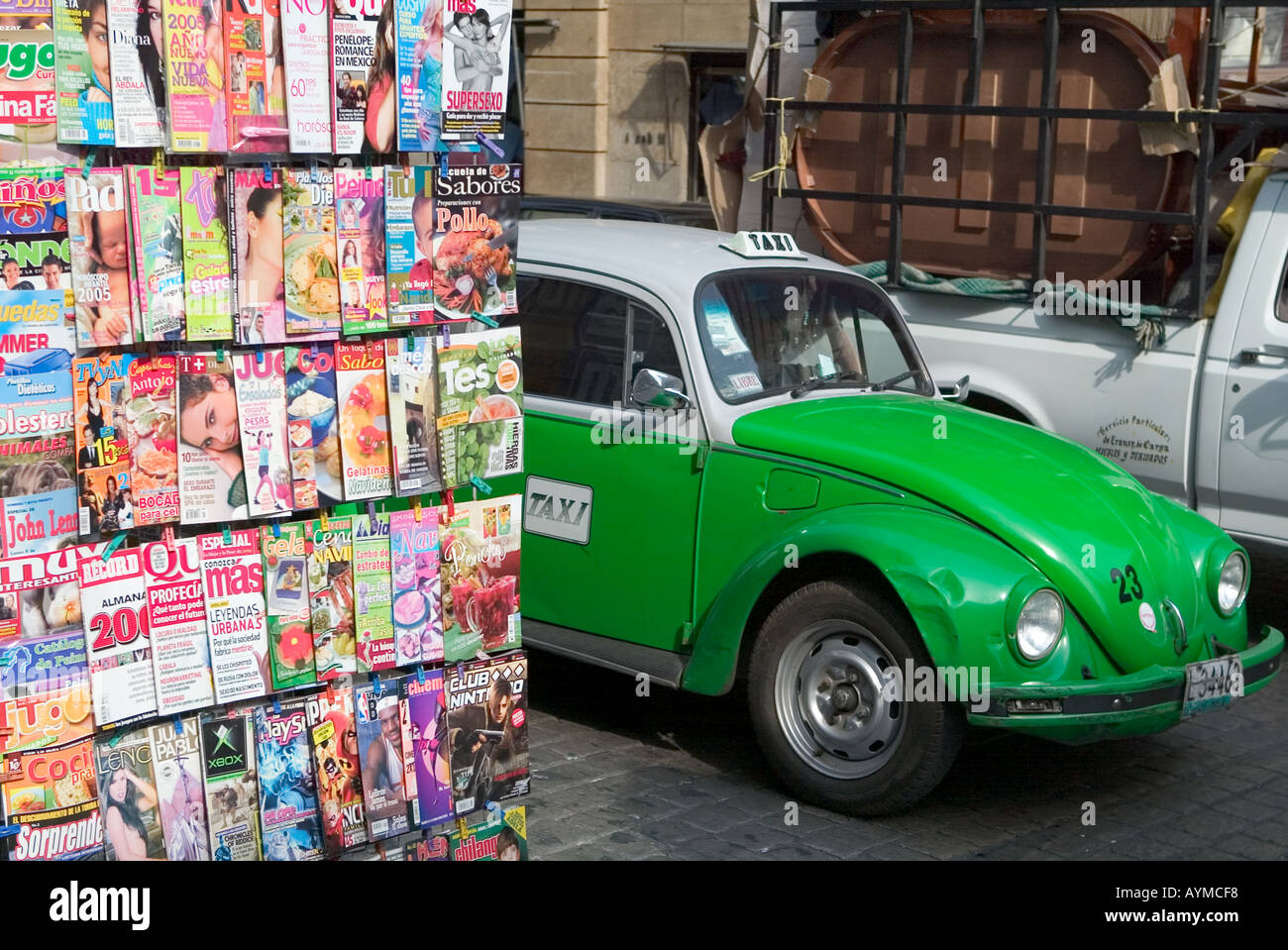 Green VW Beetle Taxi stuck in traffic in Mexico City and curbside ...