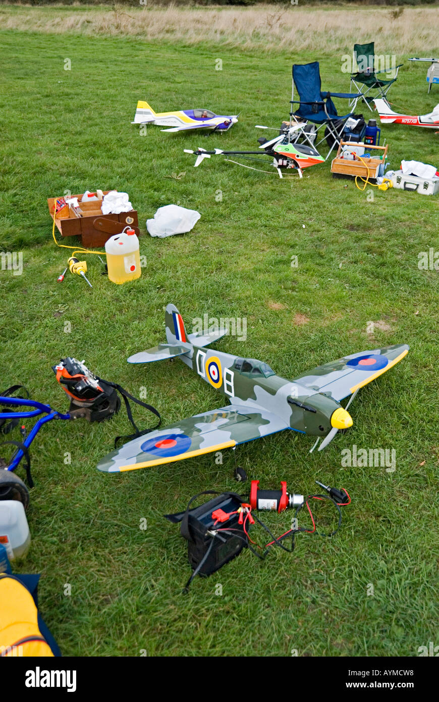 Model radio controlled airplanes waiting on the ground in readiness to ...