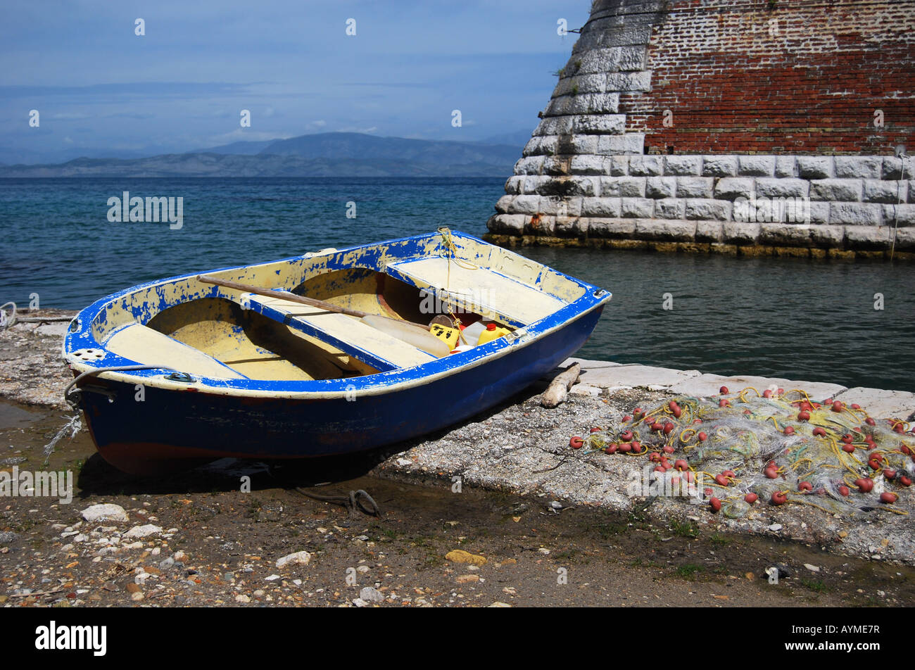 A blue and white fishing boat Stock Photo - Alamy