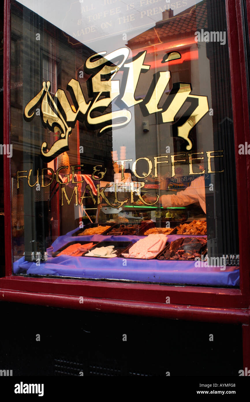 Window of fudge and toffee makers shop in old town Whitby North ...