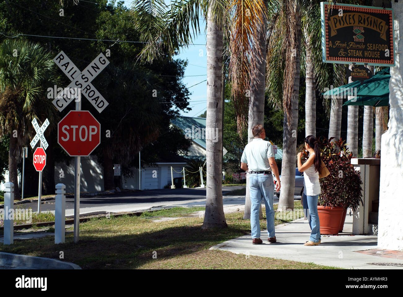 Railroad crossing signs in the town of Mount Dora Florida USA Stock ...
