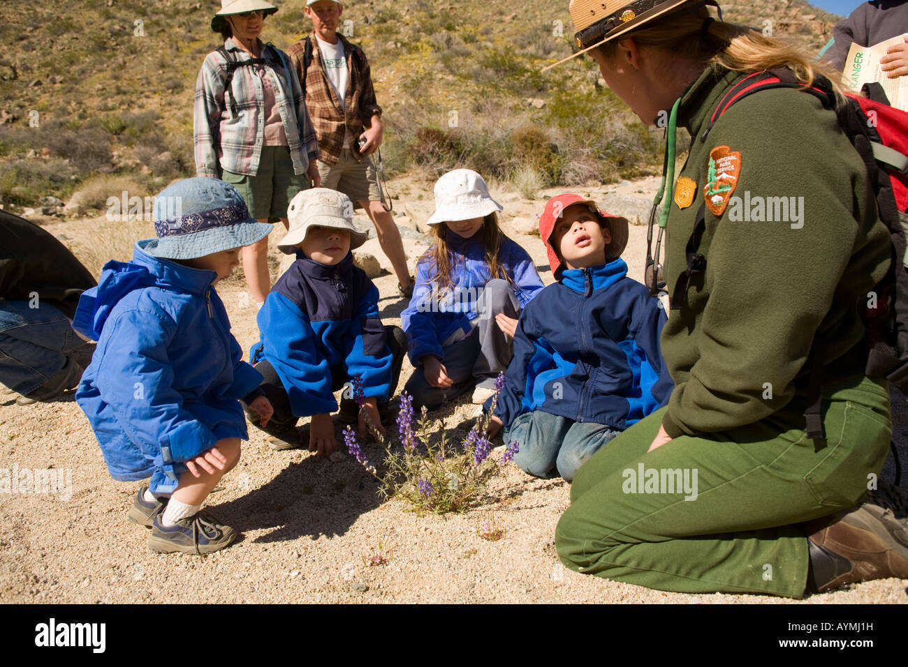 Joshua Tree National Park, California; children listening on a ...