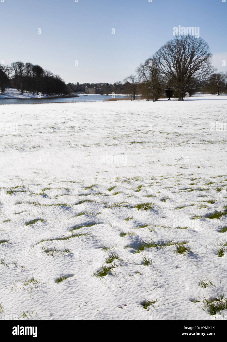 A snow covered field at Blickling in rural Norfolk England in early ...