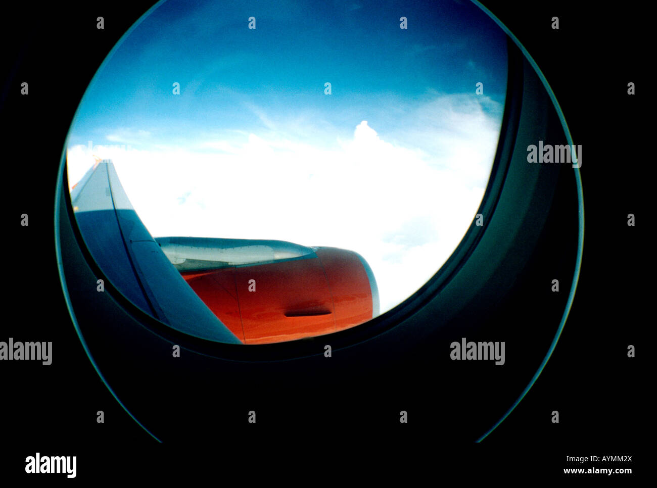 Fisheye view through window of easyJet aircraft in flight Stock Photo ...