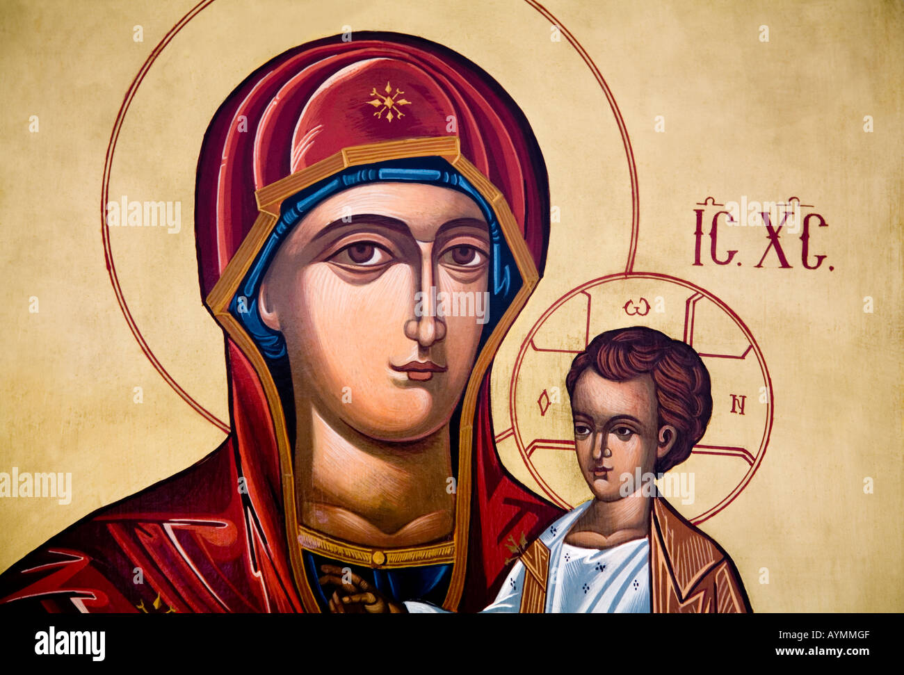 Virgin Mary and Child Jesus Christ decoration old church Greece Stock ...