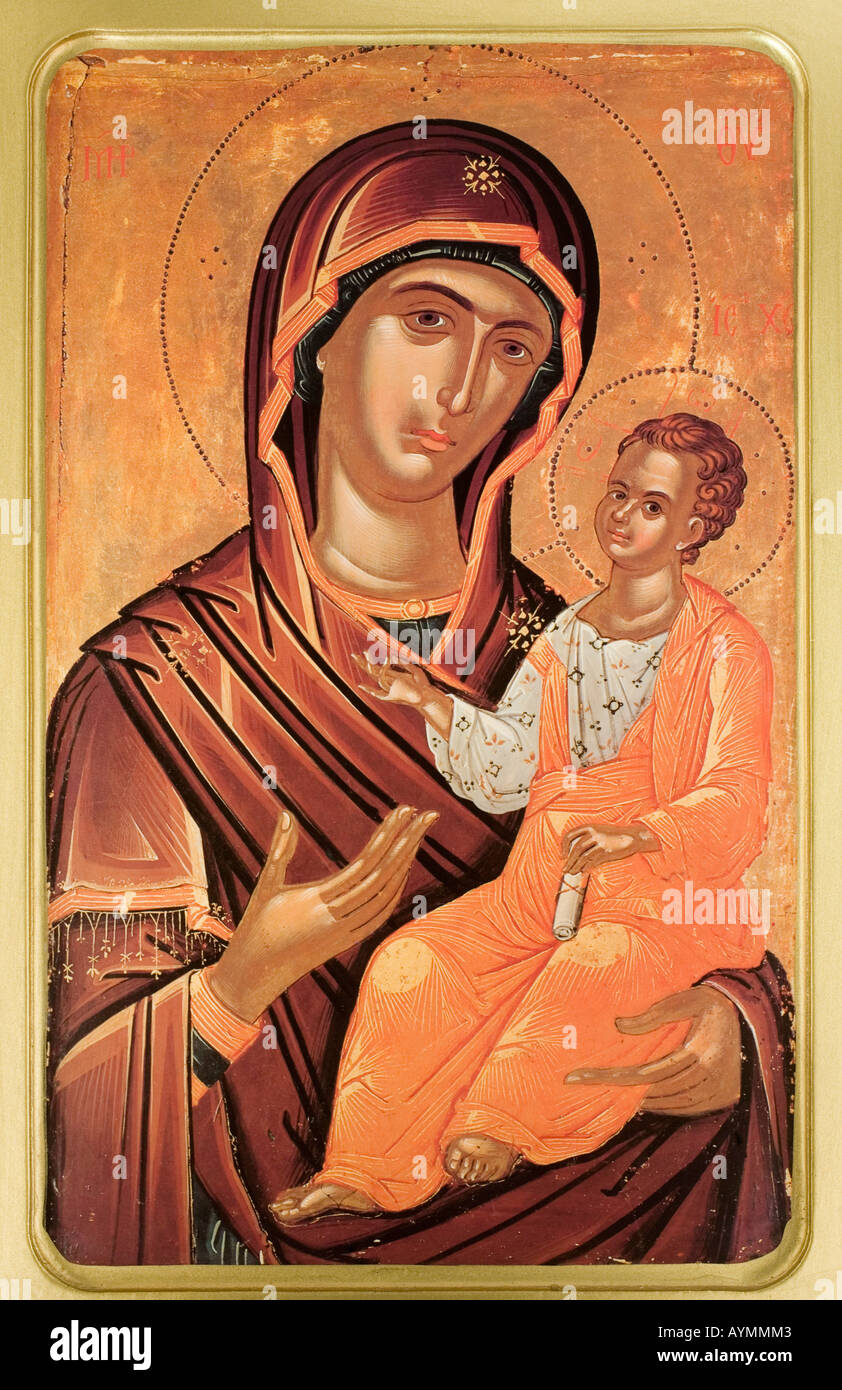 Virgin Mary and Child Jesus Christ decoration old church Greece Stock ...