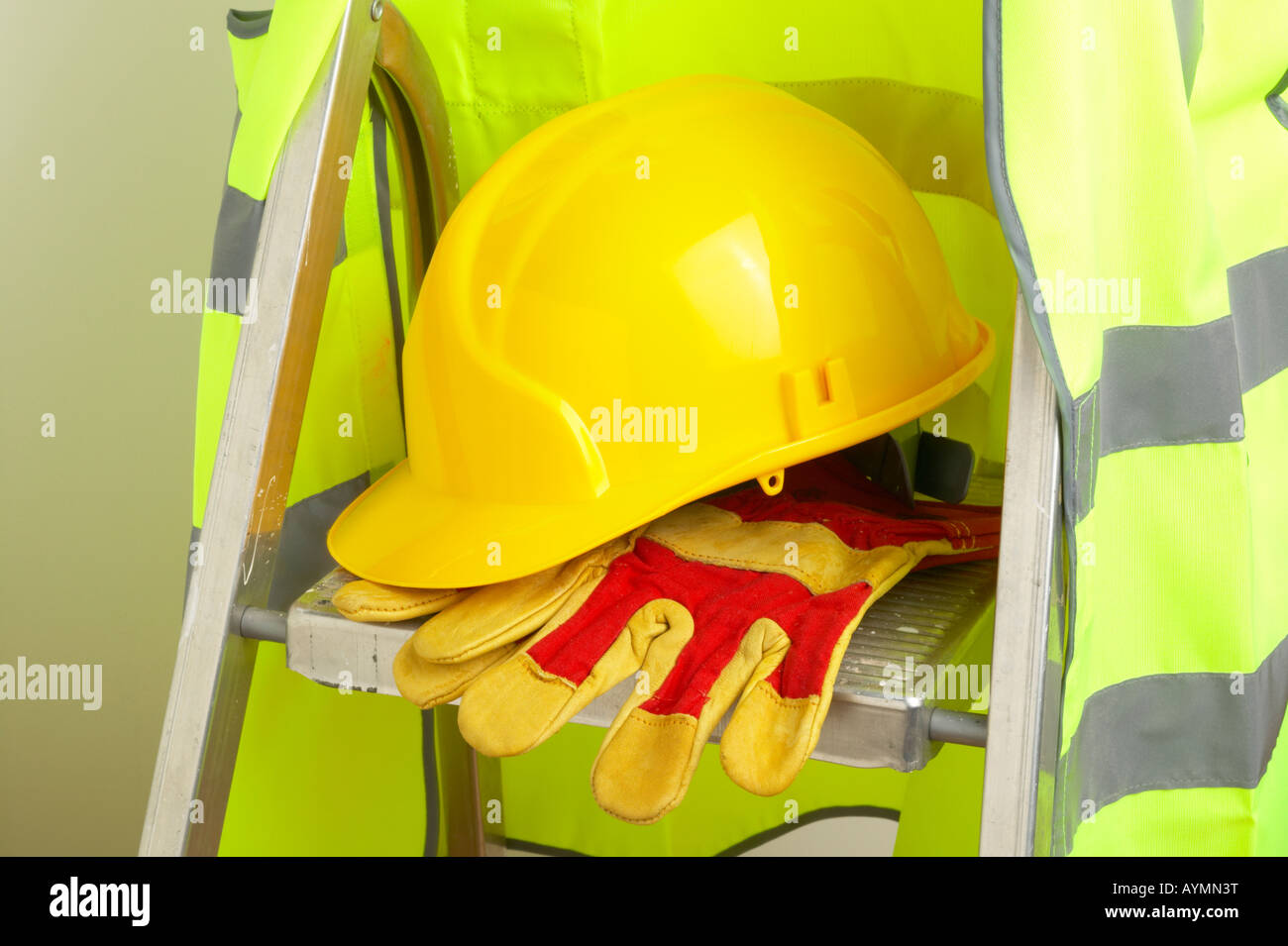 Yellow Hard Hat Rigger Safety Gloves High visibility Vest Step Ladder ...