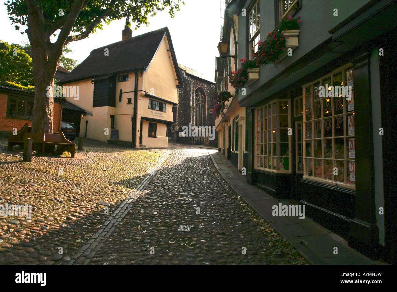 Historic Medieval house and shops on Elm Hill Norwich with cobbled ...