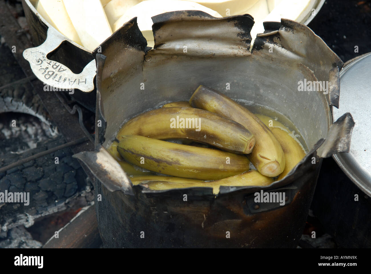 cooked bananas, outdoor cooking, creole cuisine Stock Photo - Alamy