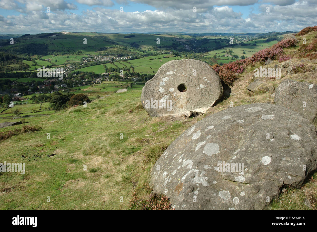abandoned millstone, Curbar Edge in the Peak District National Park ...