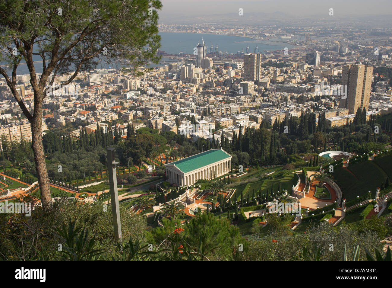 Israel Haifa Elevated view of city and bay from Mount Carmel with Bahai ...