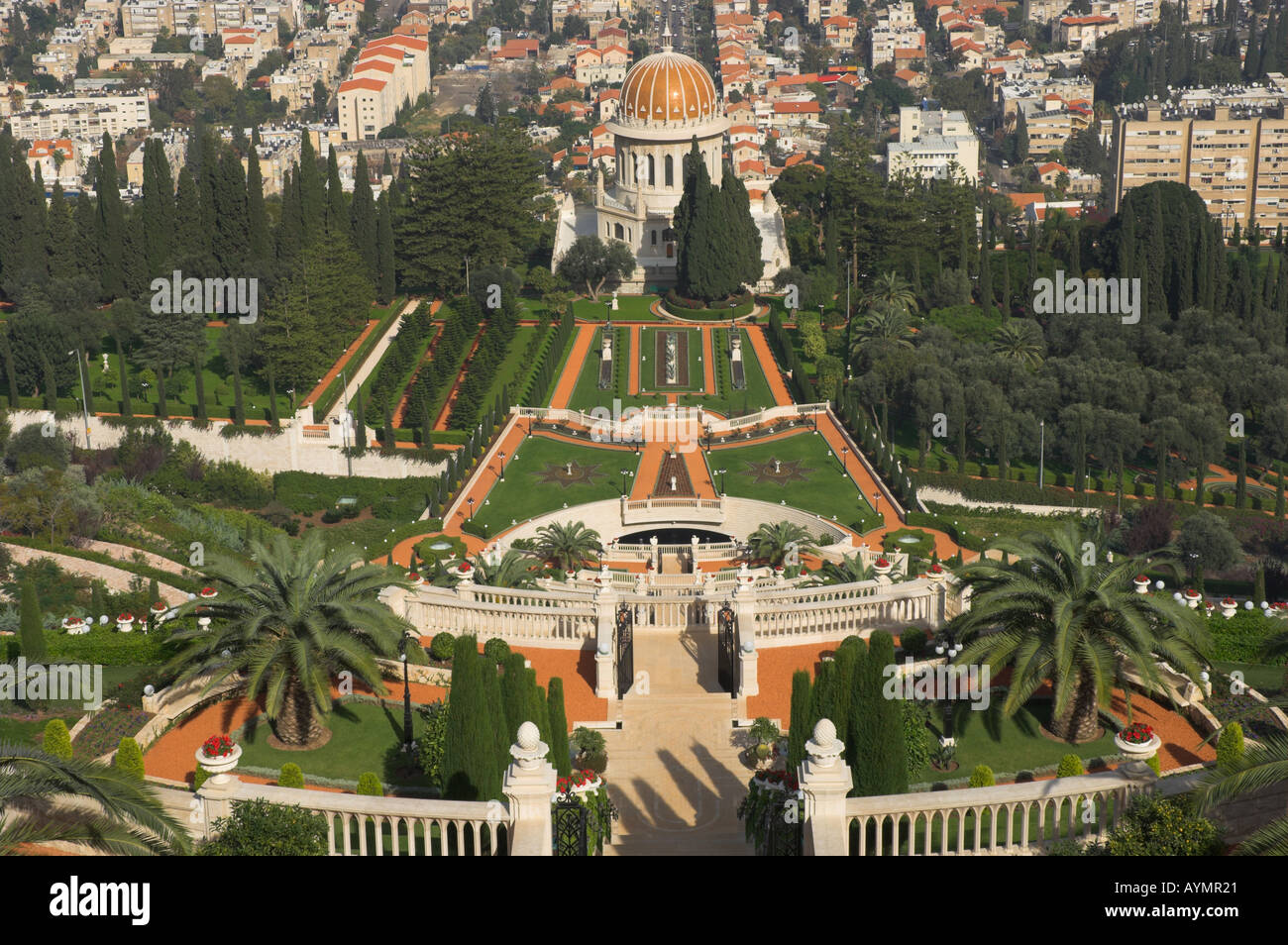 Israel Haifa Bahai gardens and shrine elevated close up with terraces ...