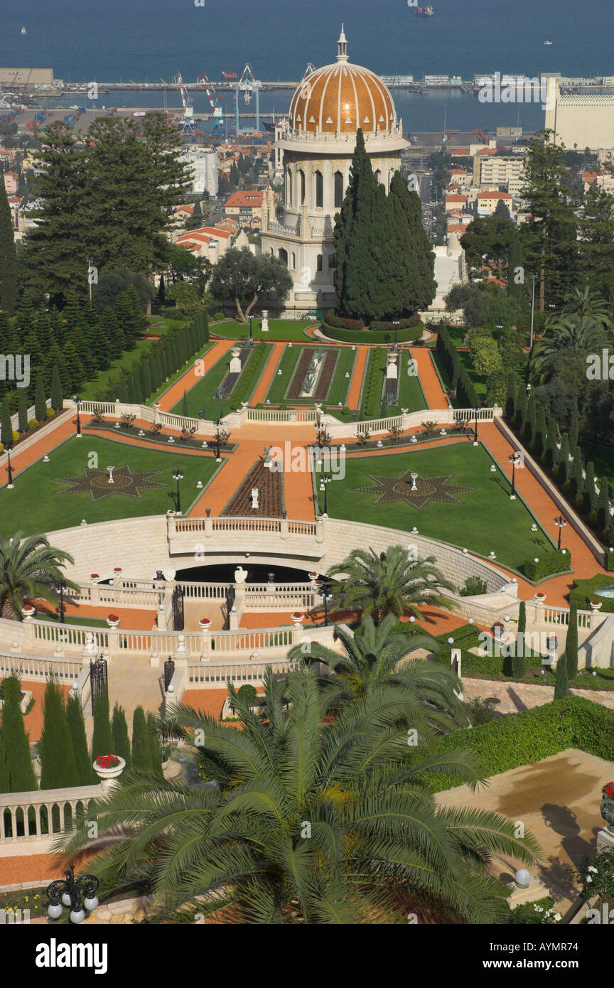 Israel Haifa Bahai gardens and shrine elevated view with palm trees and ...