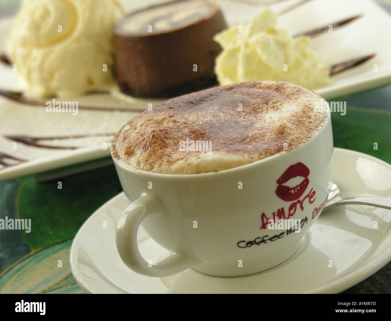 Cappuccino coffee with chocolate pudding and vanilla ice cream on white ...