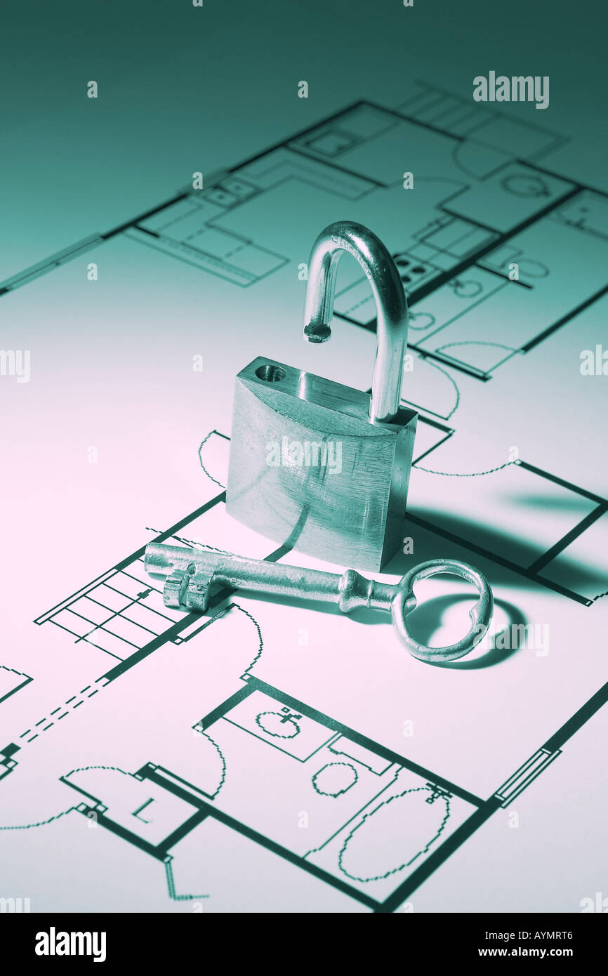 Padlock and Key with Floor Plan Stock Photo - Alamy