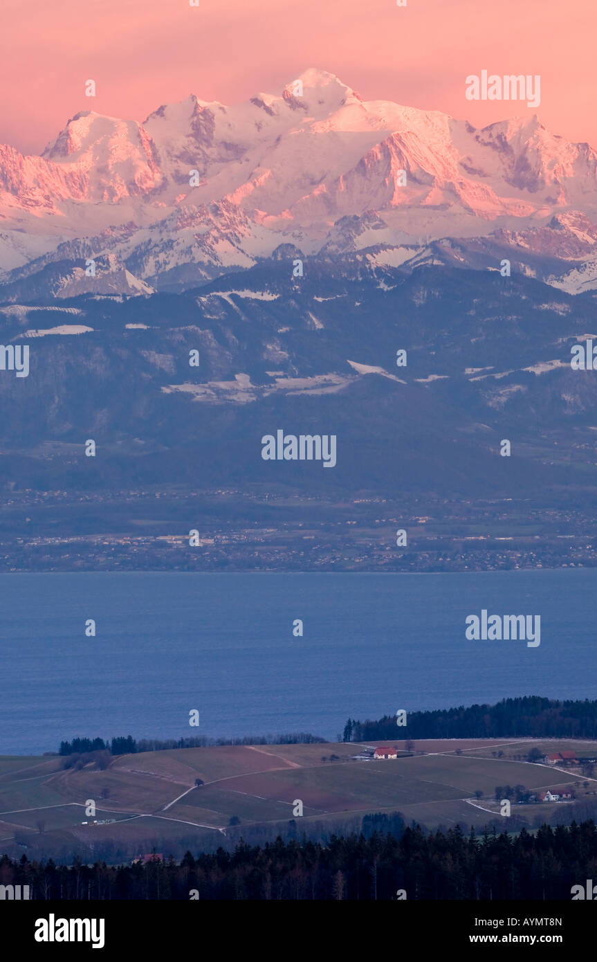 View of the Mont-Blanc, the highest peak in Europe, towering over the french alps and the Lake ...