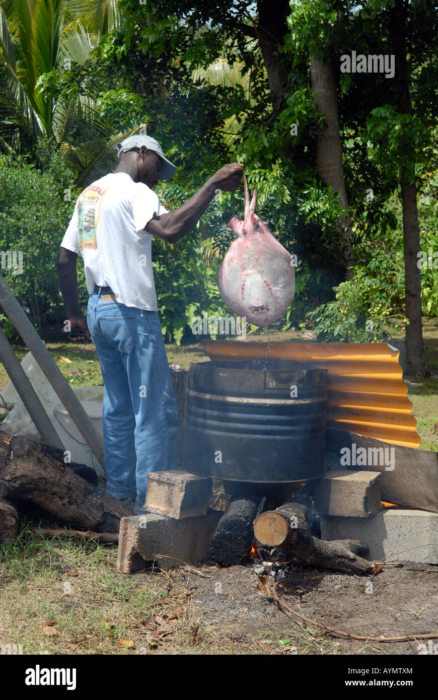 man boiling ray fish, outdoor cooking, creole cuisine Stock Photo - Alamy