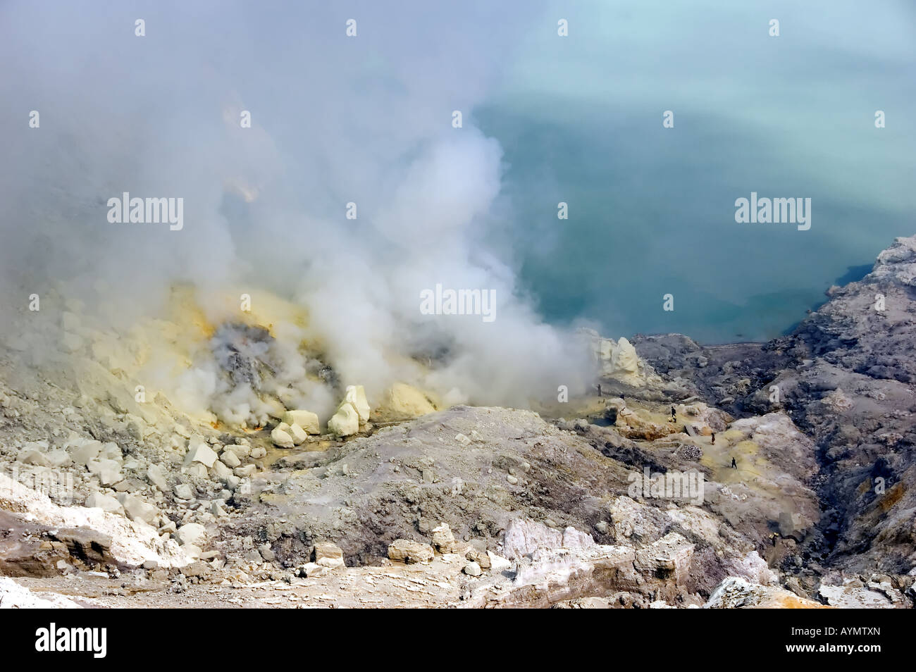 View of the sulphuric lake in a crater of volcano Ijen. Java. Indonesia ...