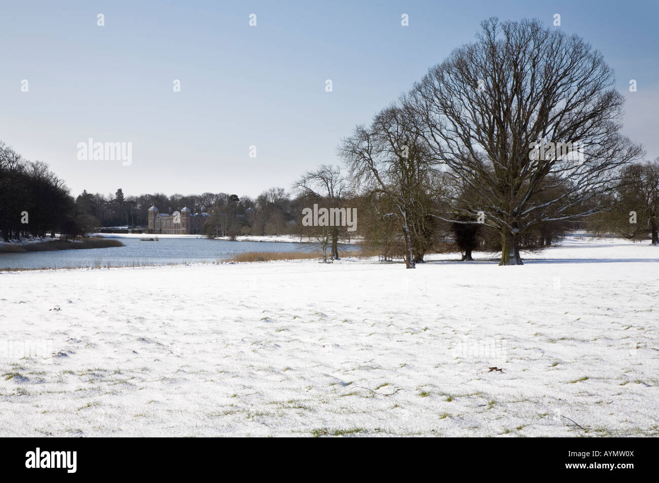 A snow covered field at Blickling in rural Norfolk England in early ...