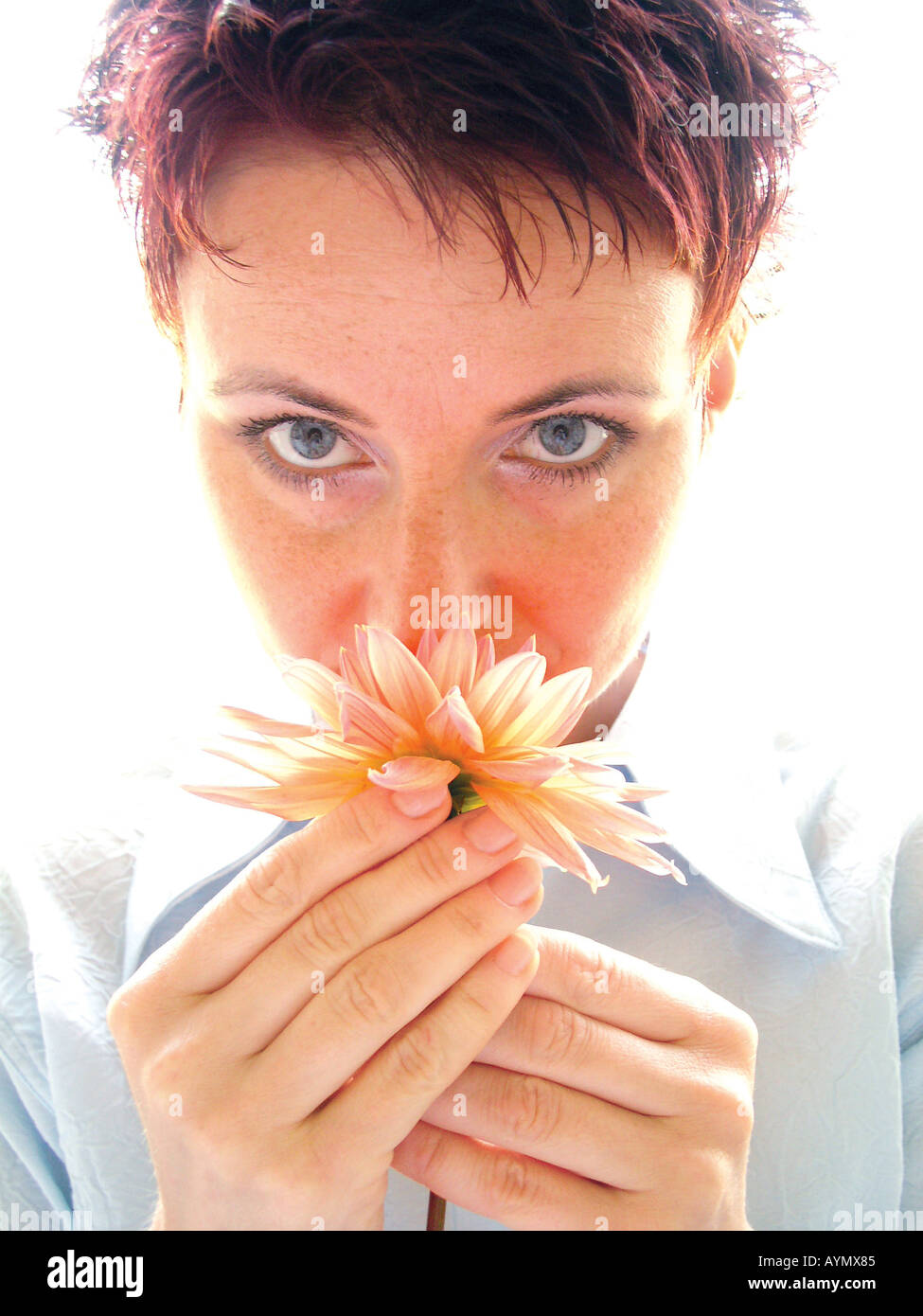 Frau riecht an einer Blume Stock Photo - Alamy