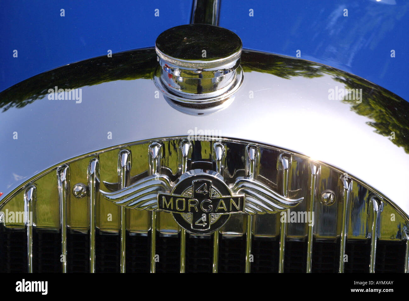 Blue chrome four plus four Morgan sports car front grille, and chrome ...